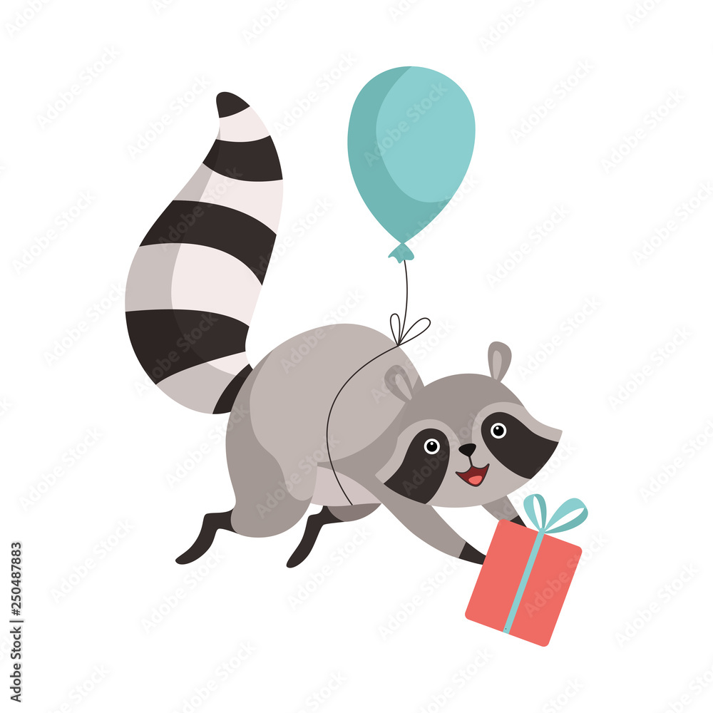 Cute Raccoon Flying with Balloon with Gift Box, Funny Humanized Grey ...