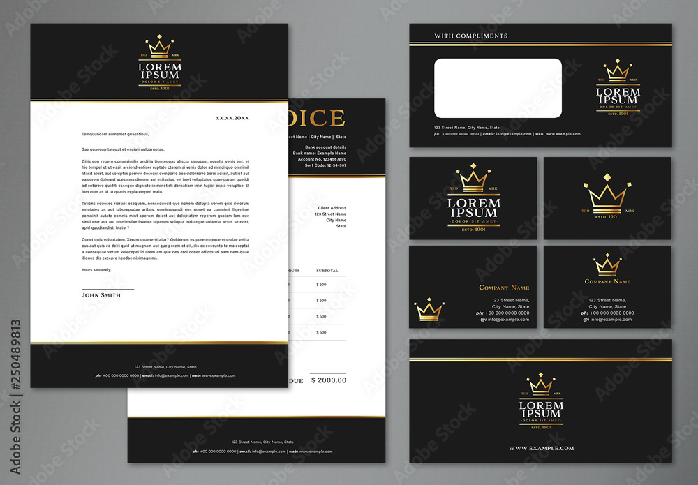 Business Branding Layout Set with Gold Crown Elements Stock Template ...
