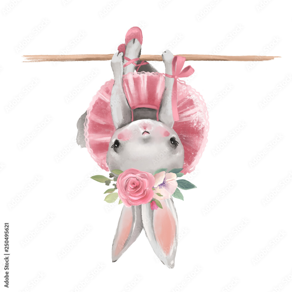Cute ballerina, ballet girl baby bunny with flowers, floral wreath in a ...