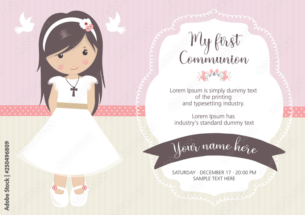 My first communion invitation. Beautiful girl with communion dress and ...