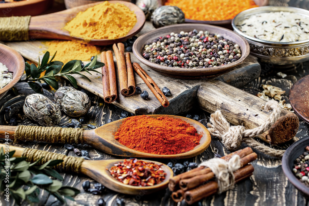 Spices and seasonings for cooking in the composition on the table Stock ...