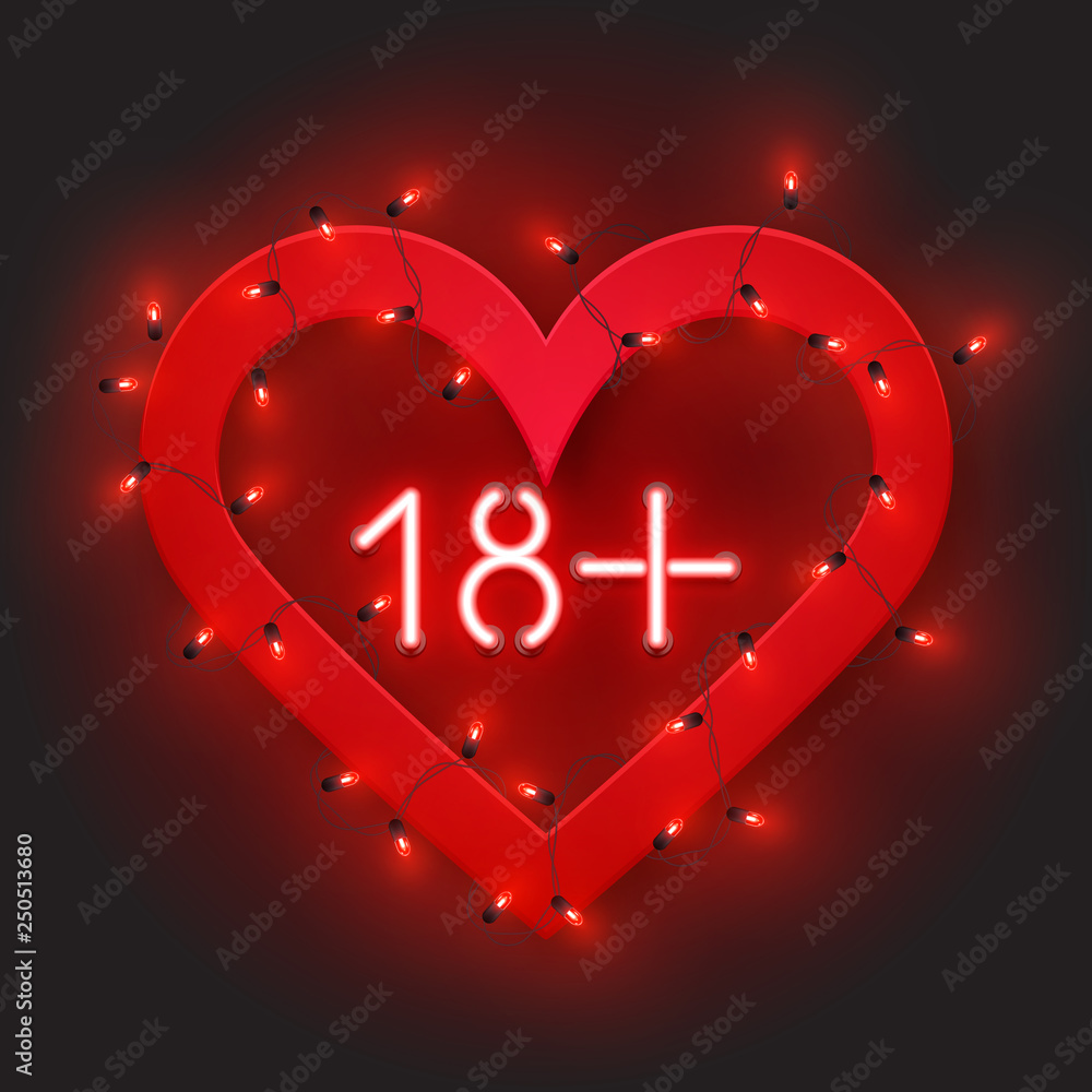 18+ neon text in heart shape with led lights, adult store, vector ...