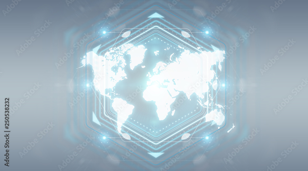 Digital world map screen interface 3D rendering Stock Illustration ...
