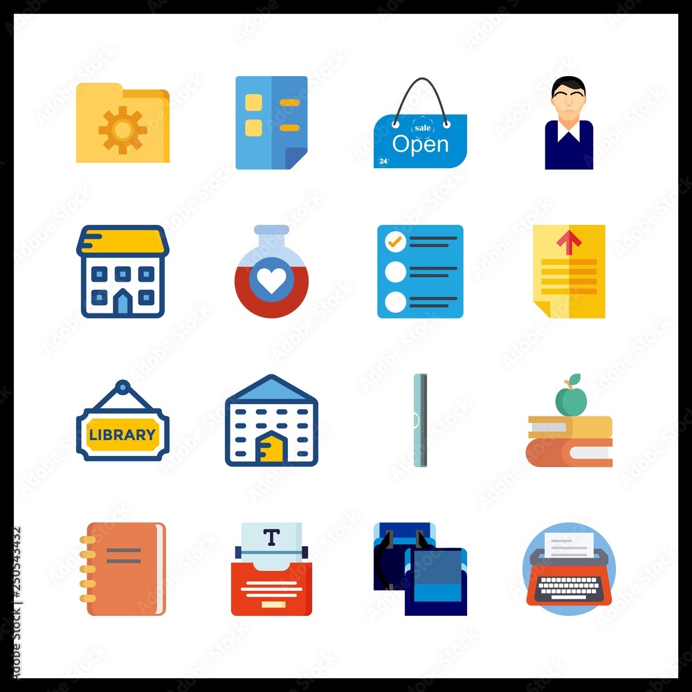 16 book icon. Vector illustration book set. ruller and potion icons for ...