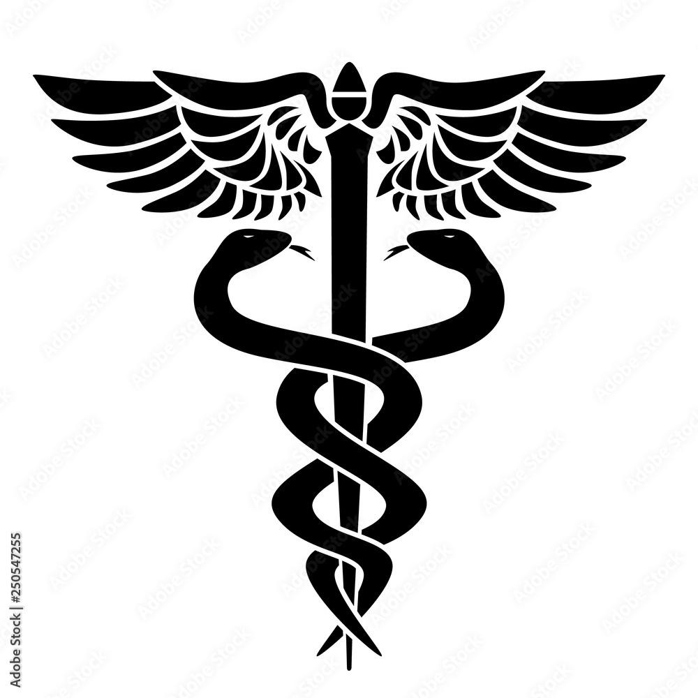 Caduceus medical symbol, with two snakes, staff and wings, vector ...