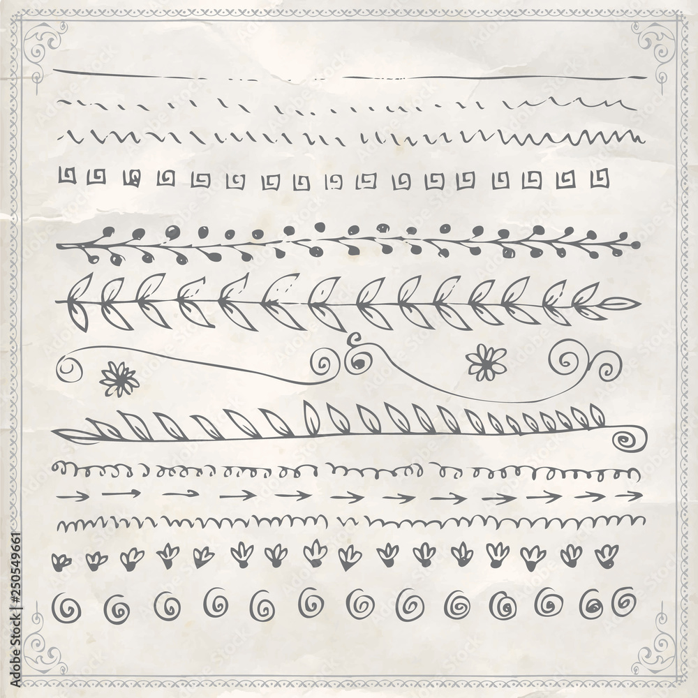 Hand drawn line border frame design elements set Stock Vector | Adobe Stock