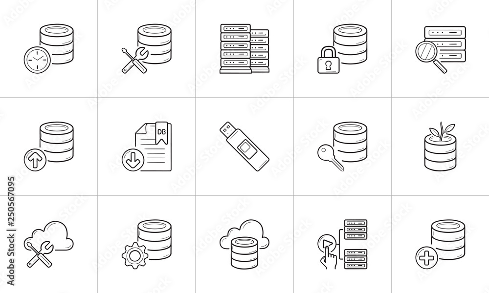 Database hand drawn outline doodle icon set. Stock Vector | Adobe Stock