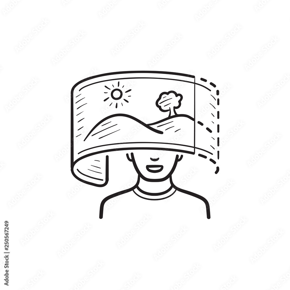 Virual reality vision panoramic nature hand drawn outline doodle icon ...