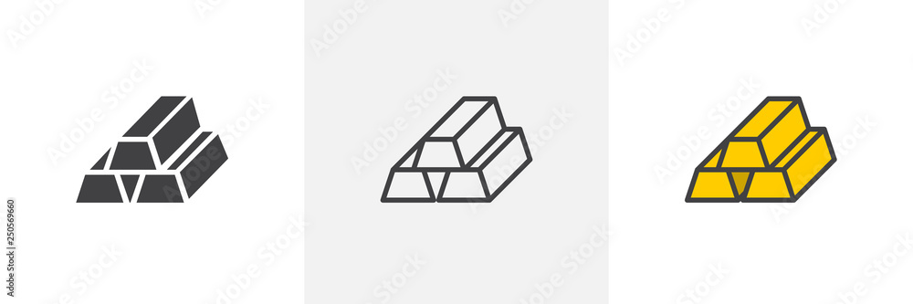 Three gold bars icon. Line, glyph and filled outline colorful version ...