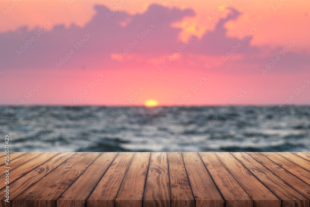 wooden retro deck and sunrise, summer vacation background, old wooden ...