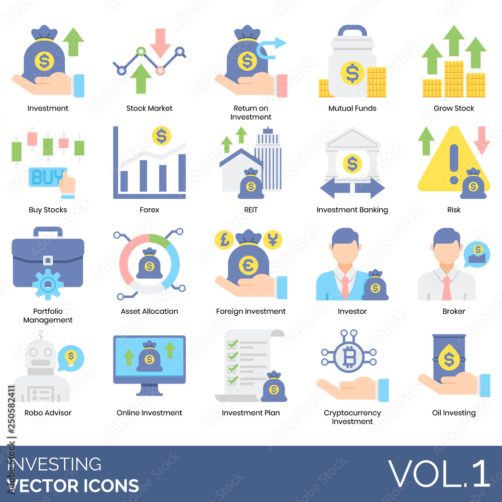 Investing icons including investment, stock market, return, mutual ...
