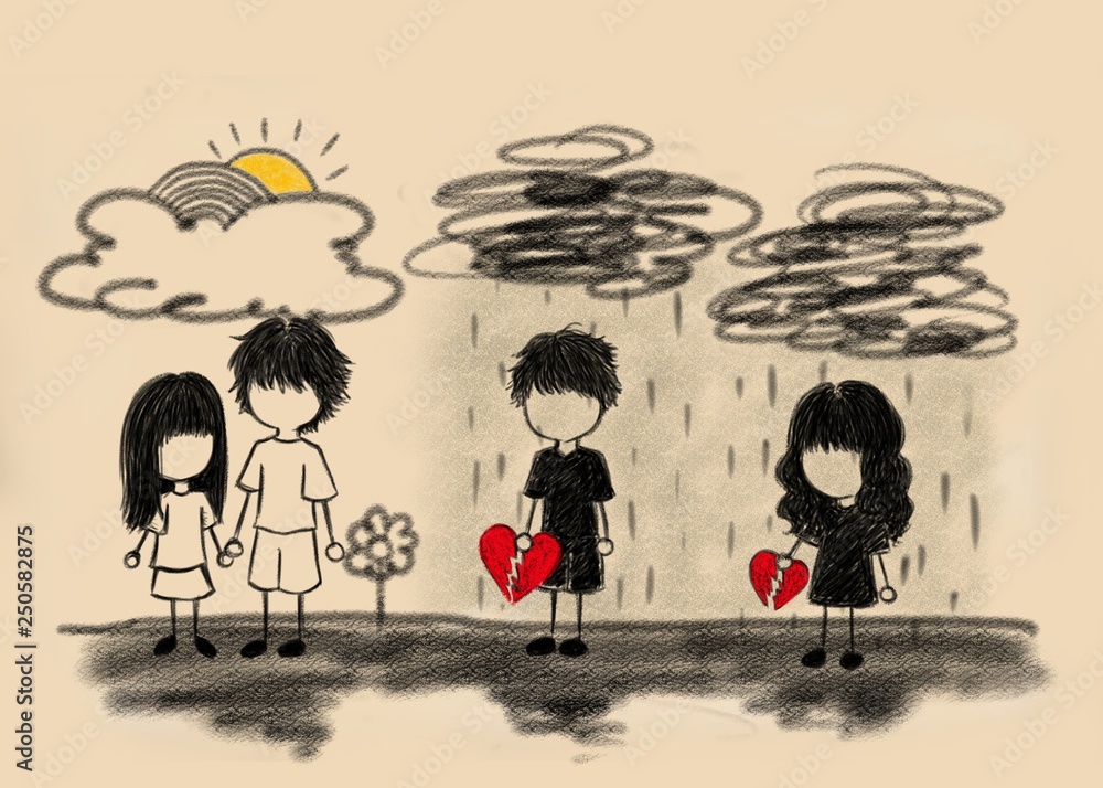 Digital drawing of broken heart. There are love couple and 2 broken ...