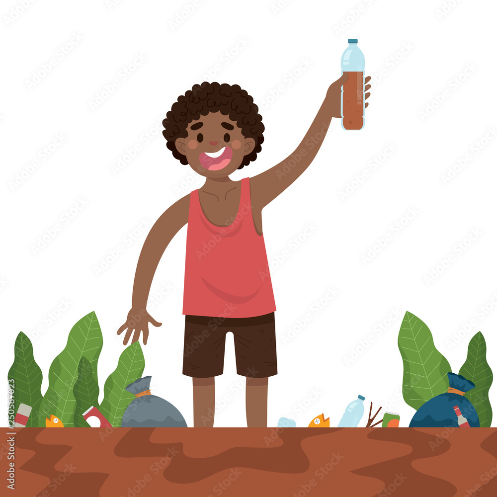 vector illustration African boy holding dirty water bottle in polluted ...