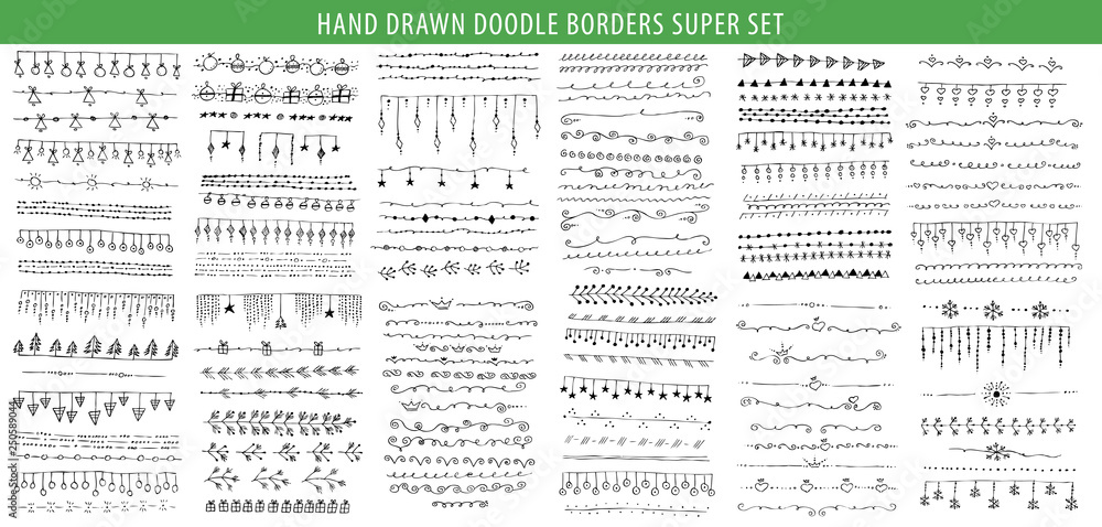 Hand drawn line, border, frame vector design element set. Template for ...