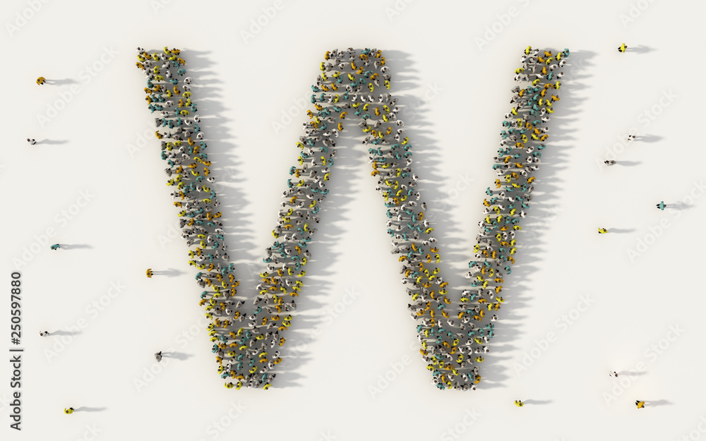 Large group of people forming letter W, capital English alphabet text ...