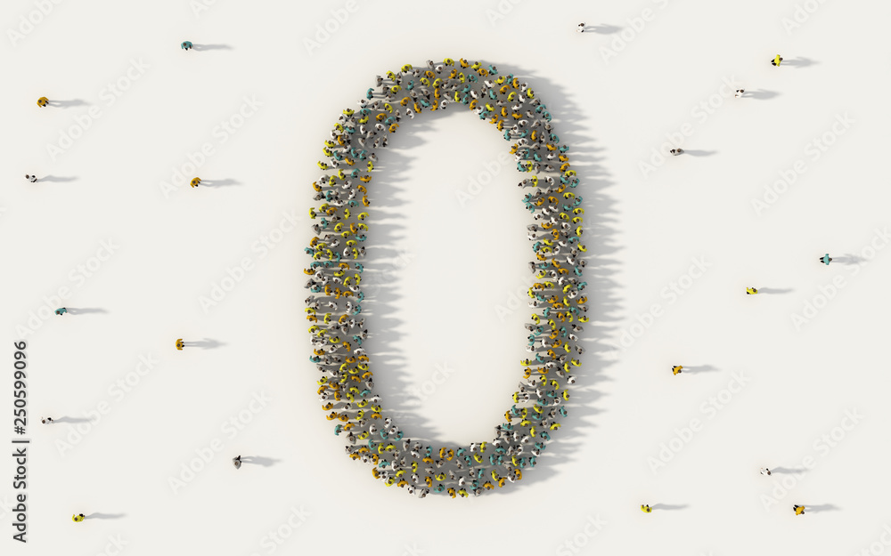 Large group of people forming number zero, 0, alphabet text character ...