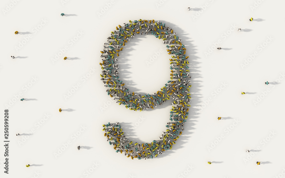 Large group of people forming number nine, 9, alphabet text character ...