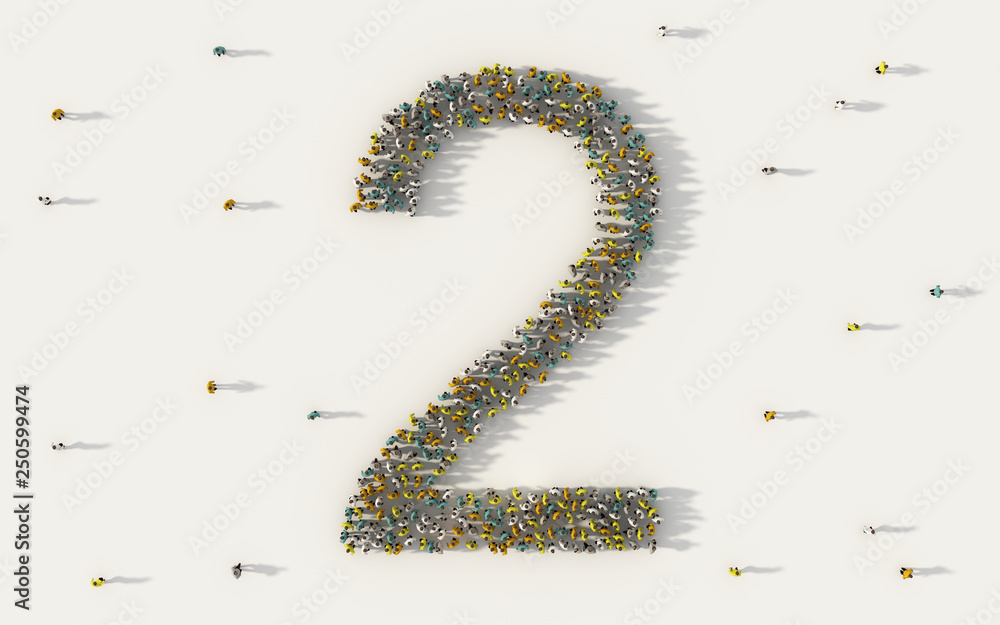 Large group of people forming number two, 2, alphabet text character in ...