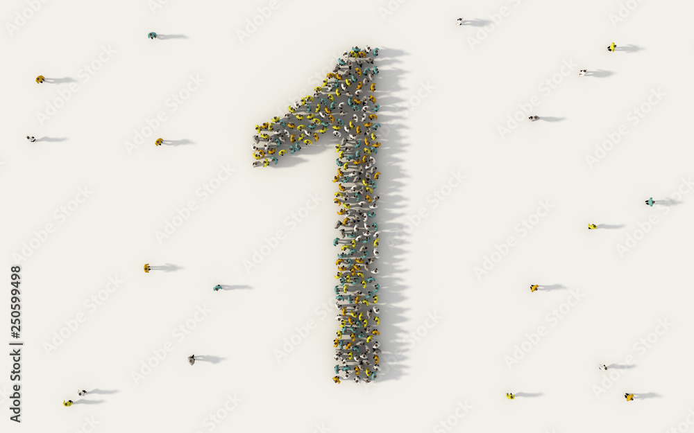 Large group of people forming number one, 1, alphabet text character in ...