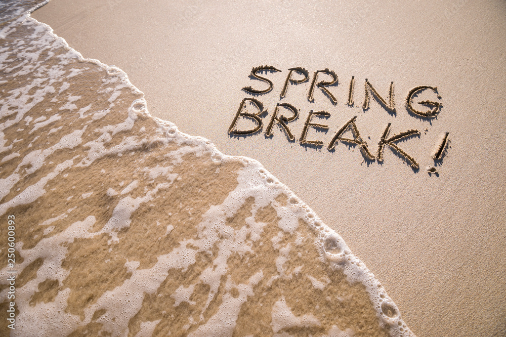 Excited Spring Break message handwritten on the smooth sand of an empty ...