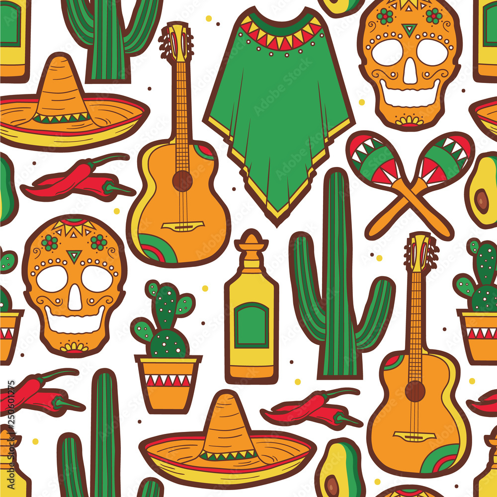 Seamless pattern with collection of mexican symbols, hand drawn ...