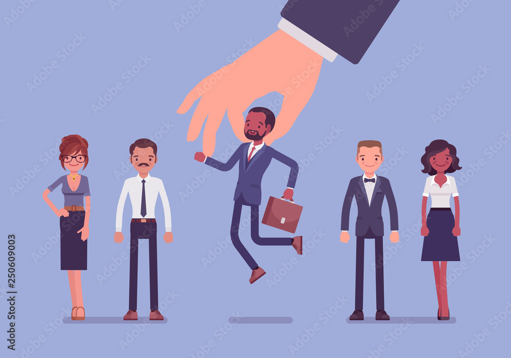 Candidate selection from a group of employees. Giant hand takes ...