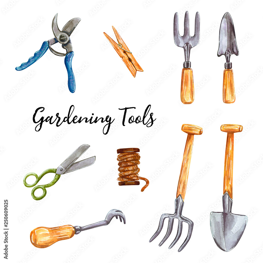 Gardening tools clip art set, hand drawn watercolor illustration ...