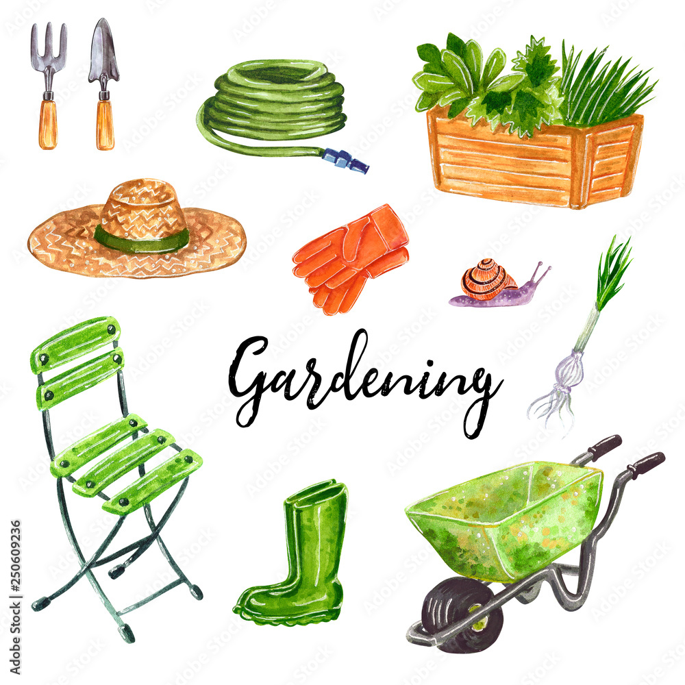 Gardening tools clip art set, hand drawn watercolor illustration ...