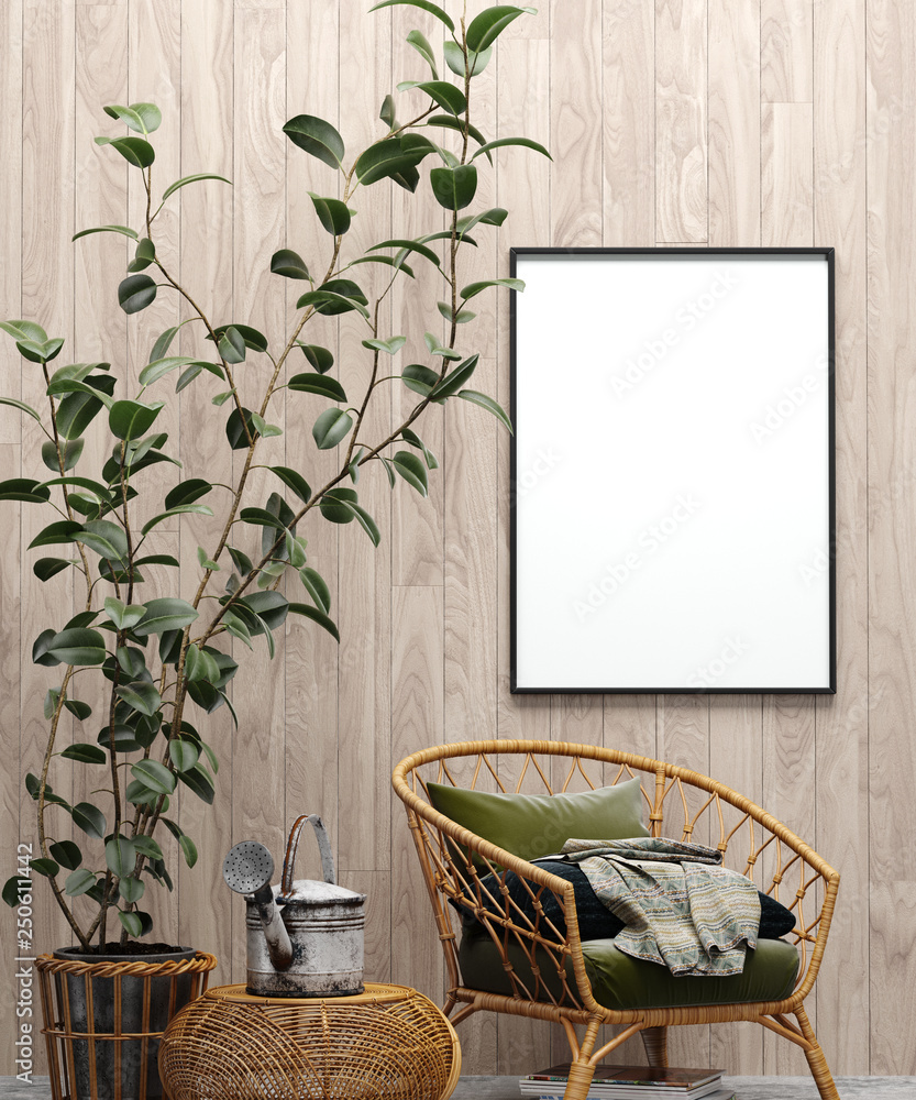 Mock up poster in garden interior background with chair, wooden wall ...