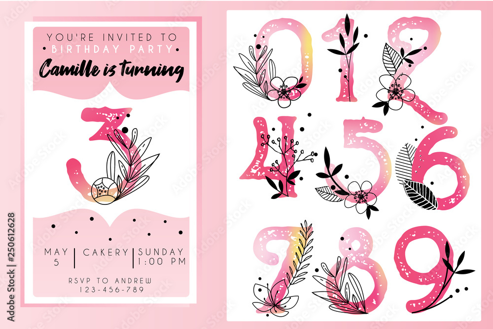 Birthday party invitation template with watercolor floral numbers Stock ...
