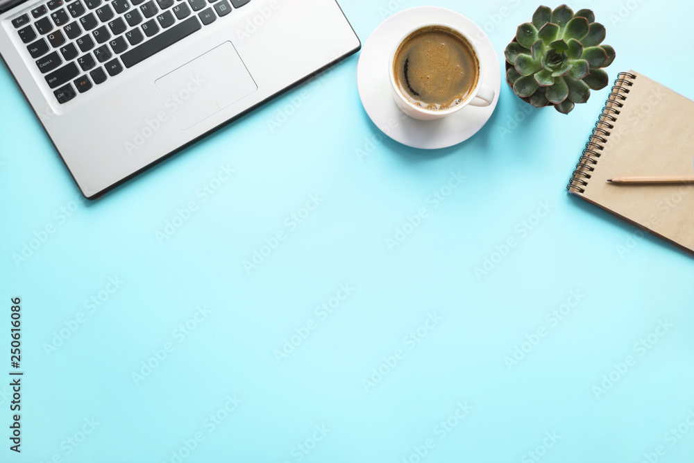 Open laptop, planning and cup of coffee. Top view with copy space ...