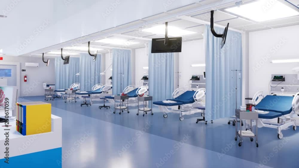 Interior of emergency room in a modern clinic with empty hospital beds ...