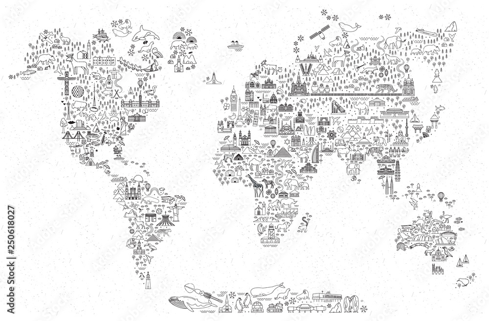World Travel Line Icons Map. Travel Poster with animals and sightseeing ...