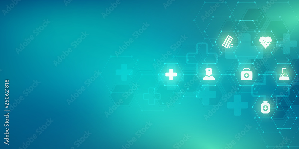 Healthcare and medical background with flat icons and symbols. Science ...