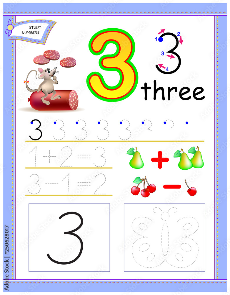 Educational page for kids with number 3. Draw the contour and paint ...