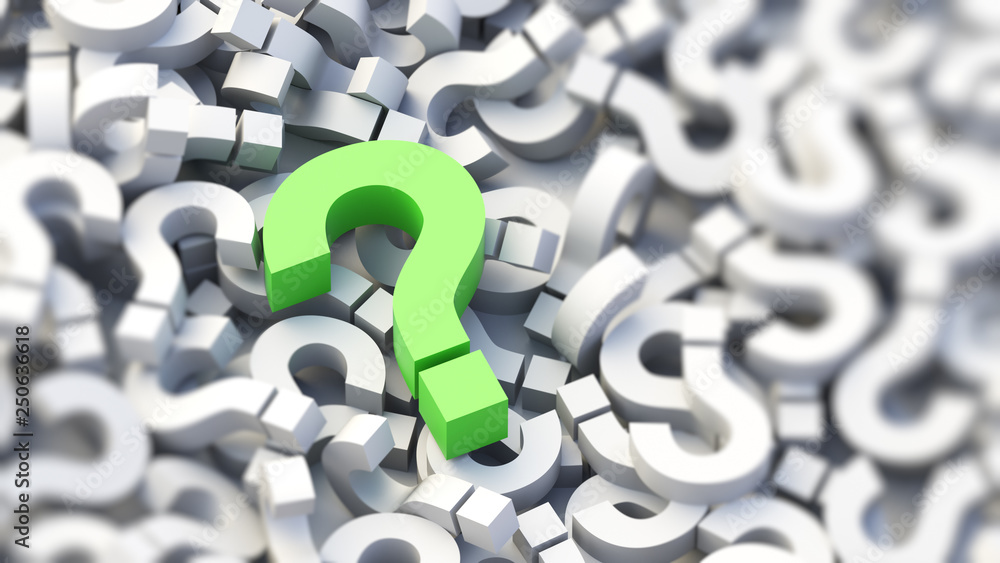 Green question mark on a background of white signs. 3D Rendering Stock ...