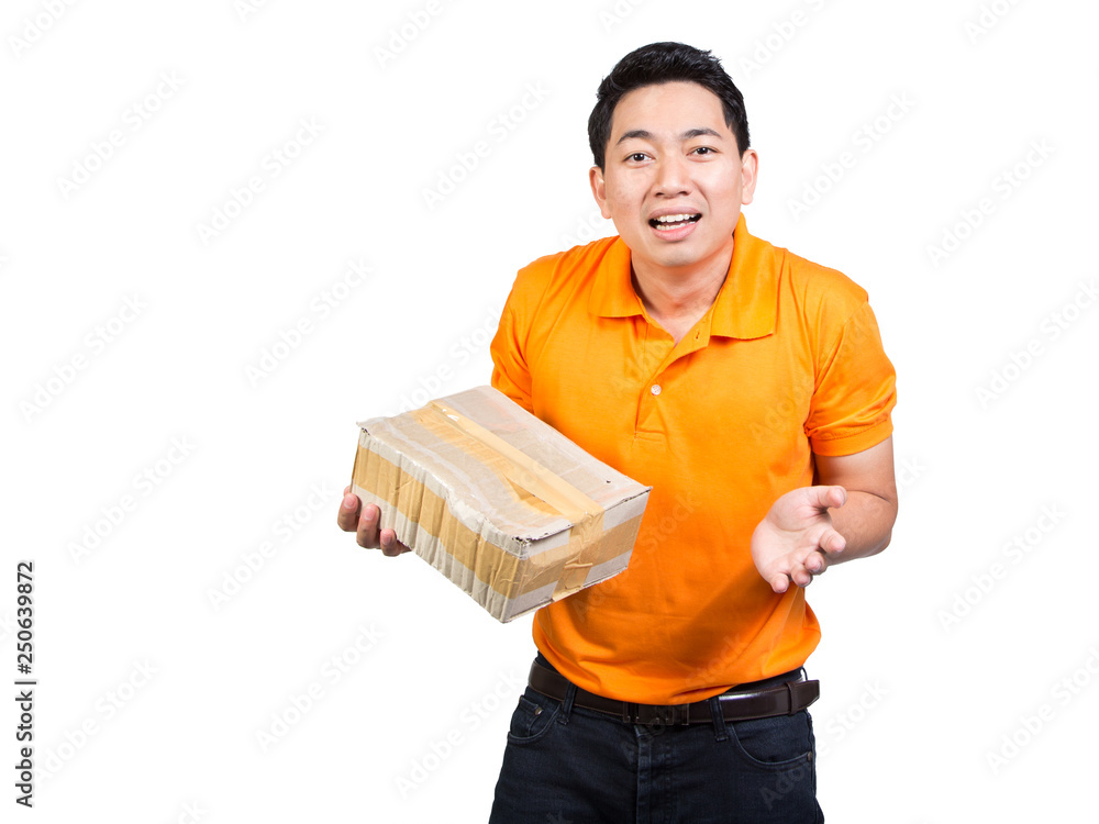 young delivery man fragile box damaged hand holding package broken ...