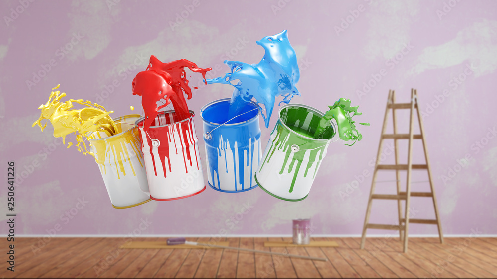 Bunte Farbeimer mit Wandfarbe bei Renovierung Stock Illustration ...