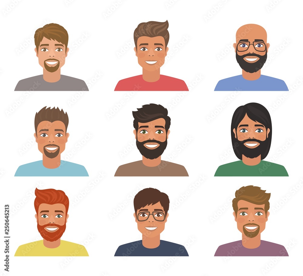 Set Of Mens Avatars With Various Hairstyle Long Or Short Hair Bald