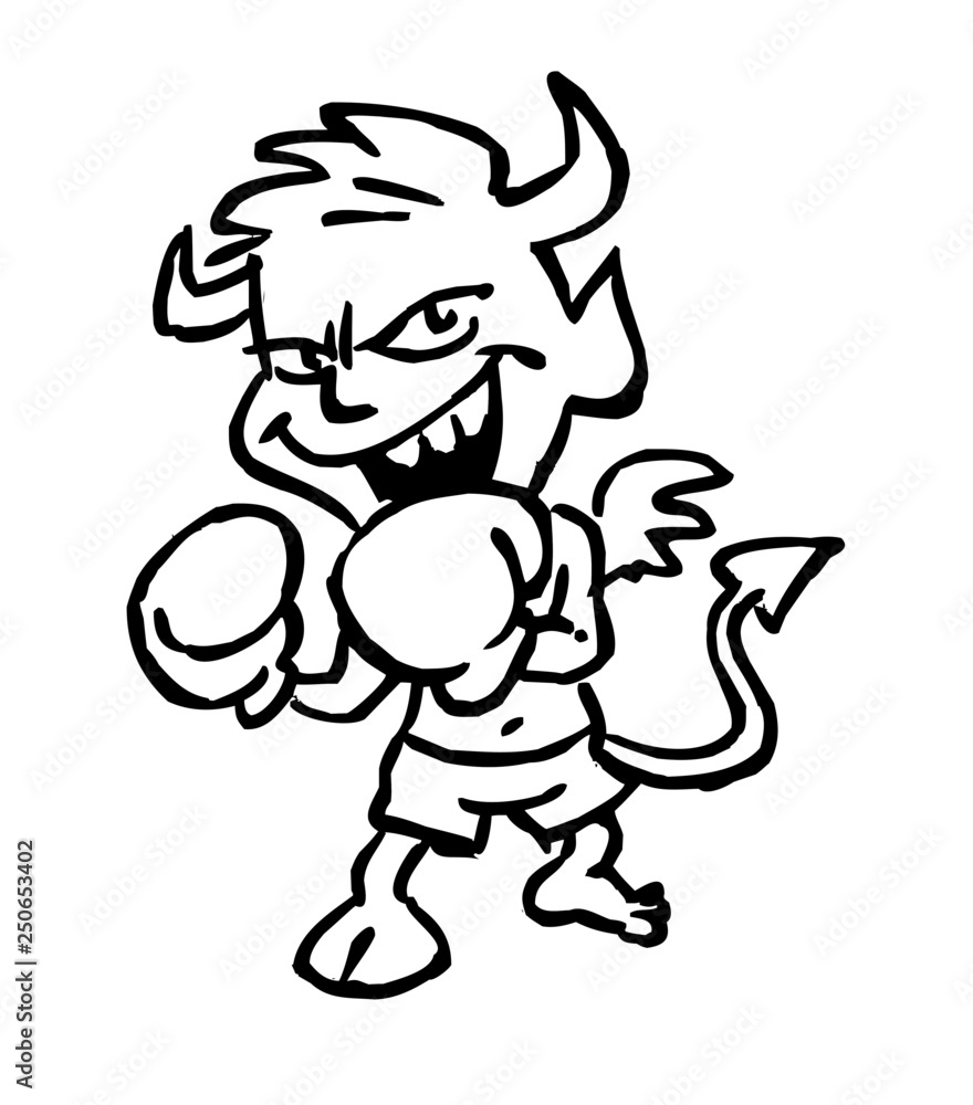 Little Devil Boy Boxing Wrestler, black and white drawing Stock Vector | Adobe Stock