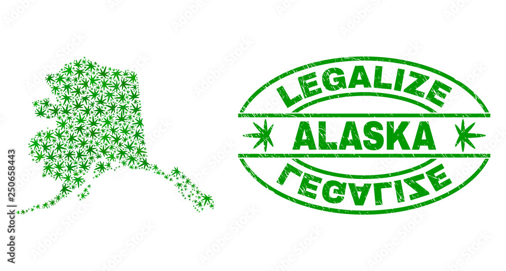 Vector cannabis Alaska map mosaic and grunge textured Legalize stamp ...