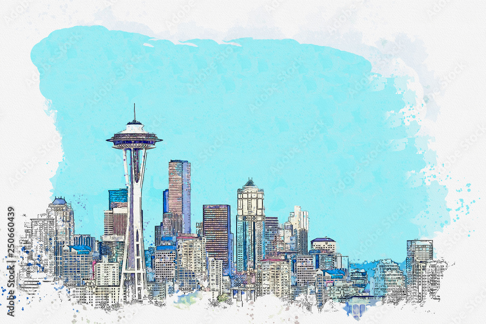 Watercolor sketch or illustration of a beautiful view of Seattle in ...