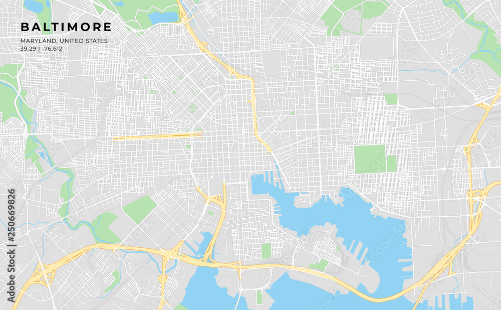 Printable street map of Baltimore, Maryland Stock Vector | Adobe Stock