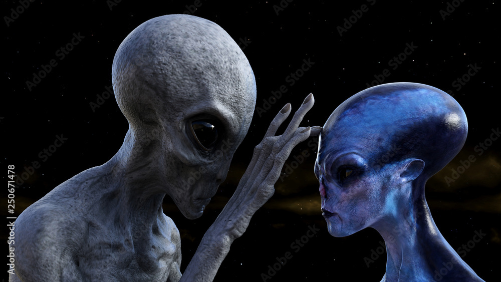 Illustration of a gray alien touching the forehead of a blue ...