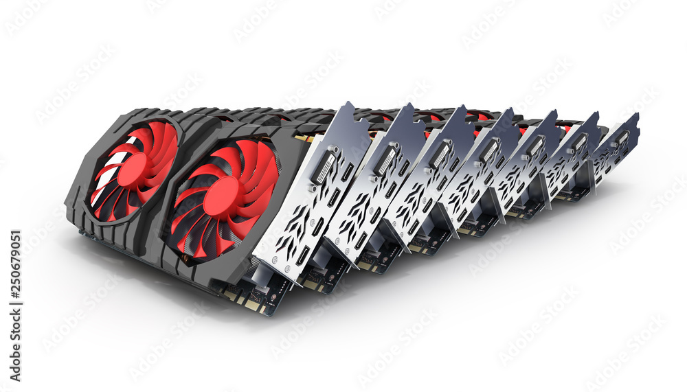Video Graphic cards GPU laid out in a row isolated on white background ...