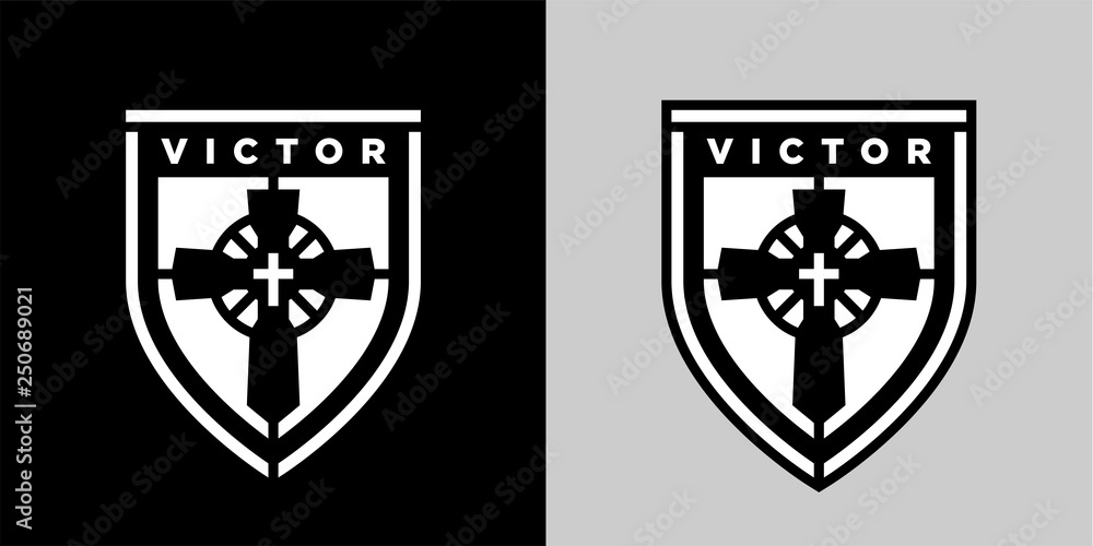Concept religious Christian cross on shield logo sticker emblem. Jesus ...