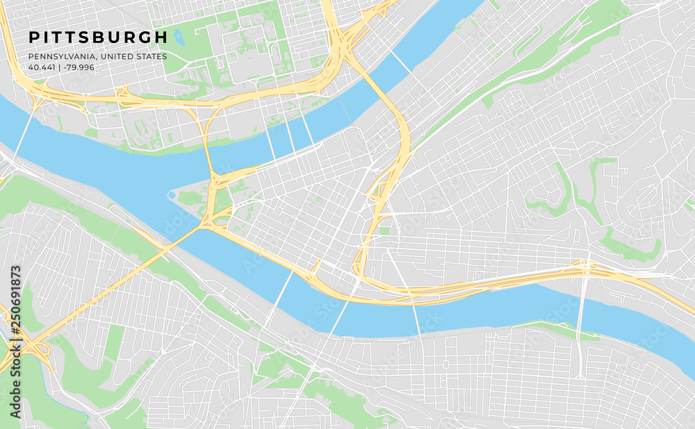 Printable street map of Pittsburgh, Pennsylvania Stock Vector | Adobe Stock