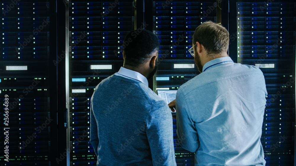 Bearded IT Technician in Glasses with a Laptop Computer and Black Male ...