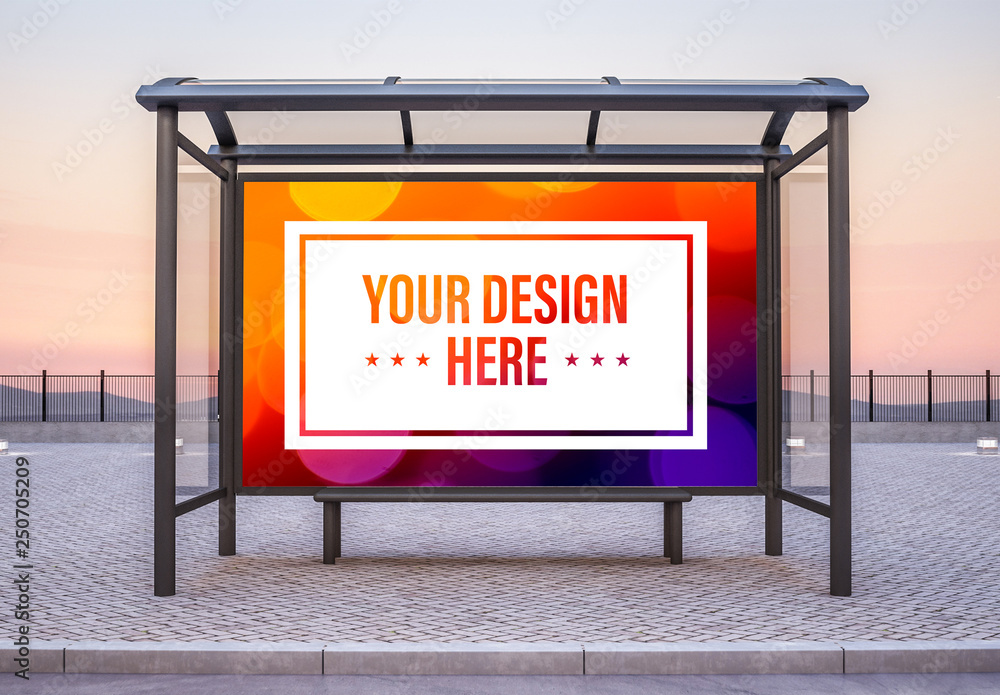 Bus Stop Billboard at Sunset Mockup Stock Template | Adobe Stock