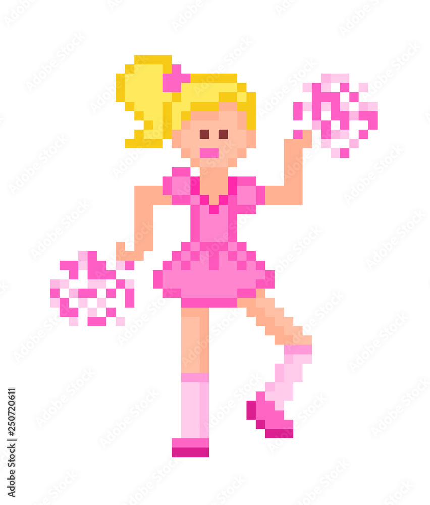 8 bit pixel art blonde cheerleader girl in a pink dress and socks ...